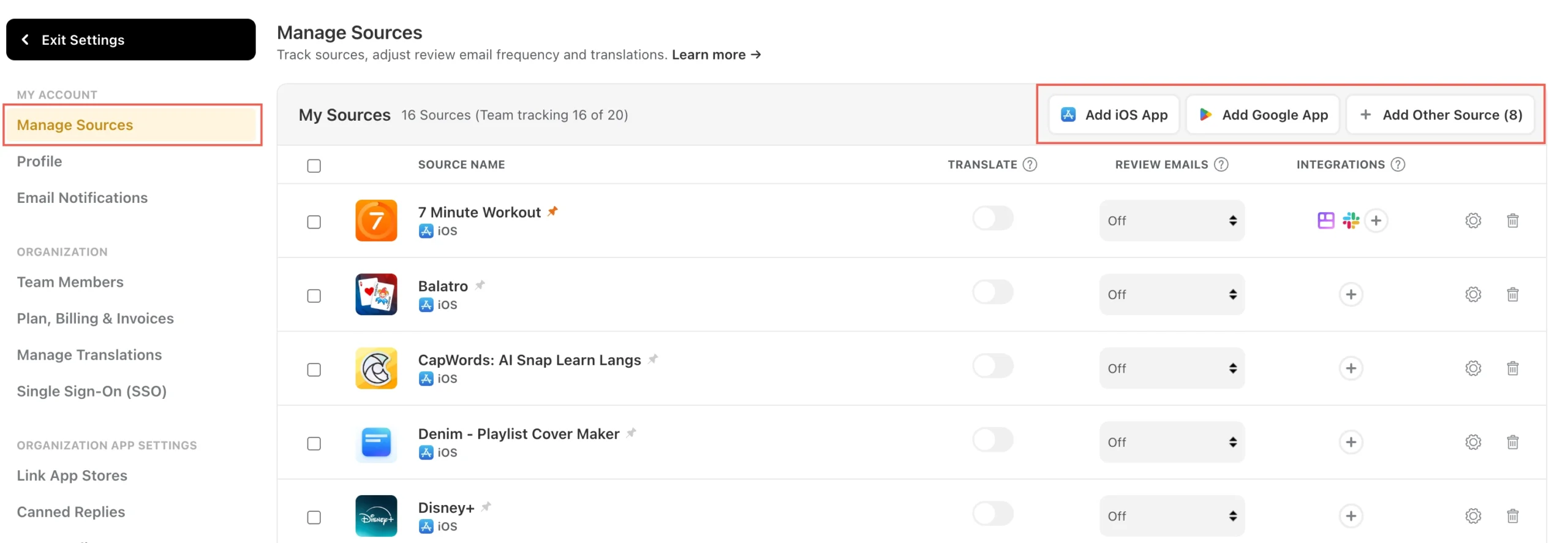 How to use the Manage Apps tab for app store review tracking