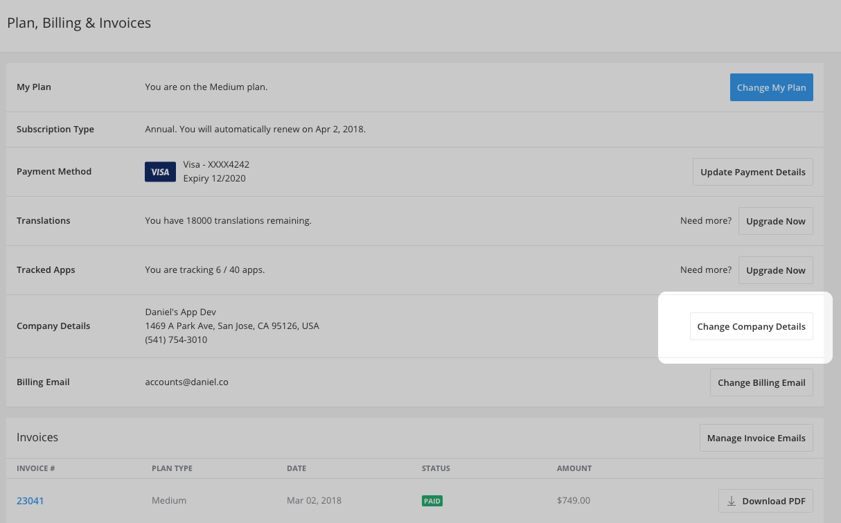 Updating Company Details On Appbot Invoices - Appbot Support