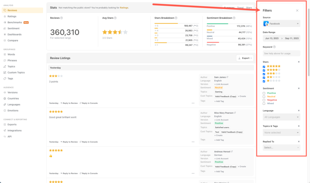 How to use the Reviews page - Appbot